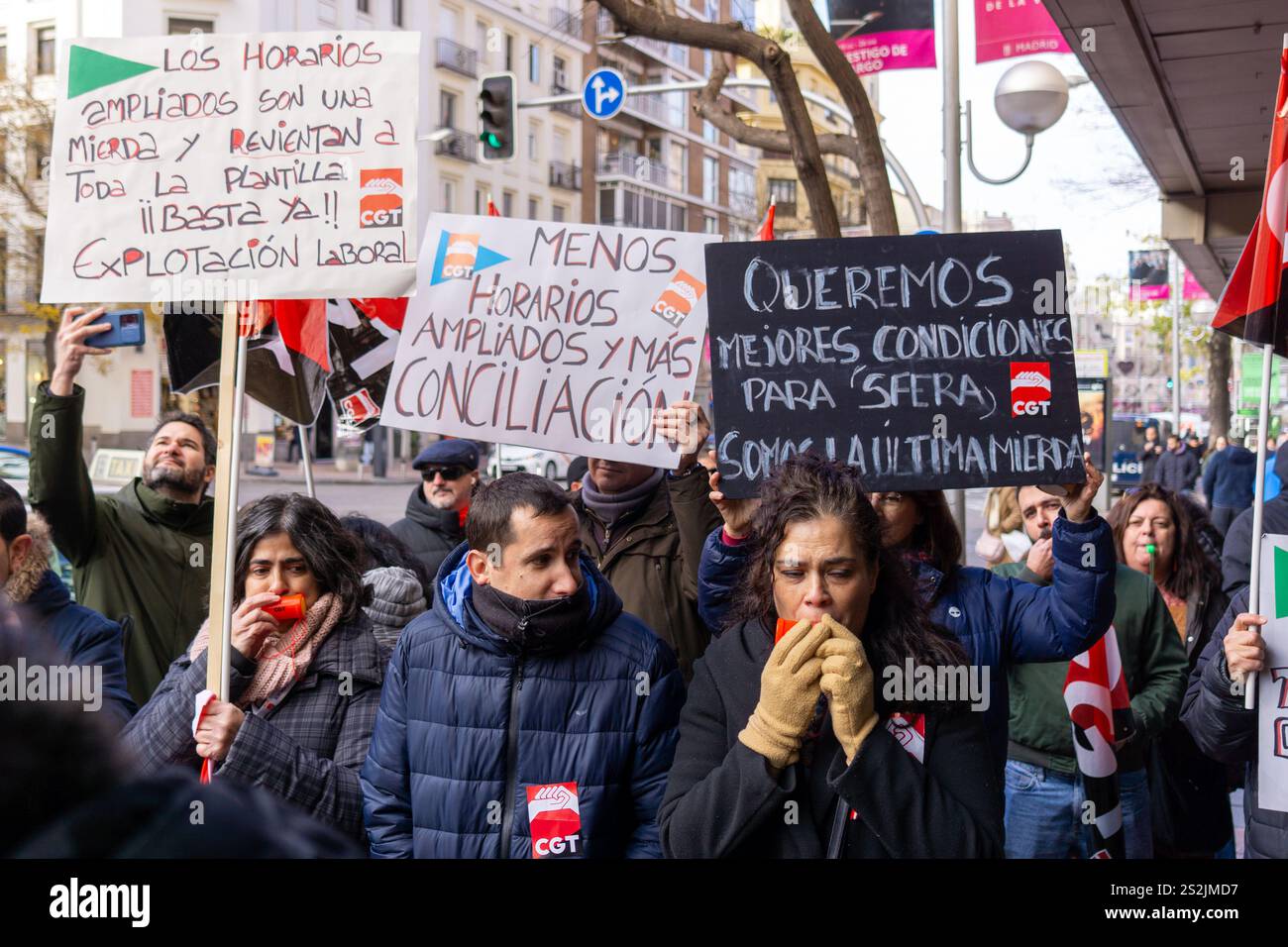Madrid, Spain. 07th Jan, 2025. Protesters hold placards during the ...