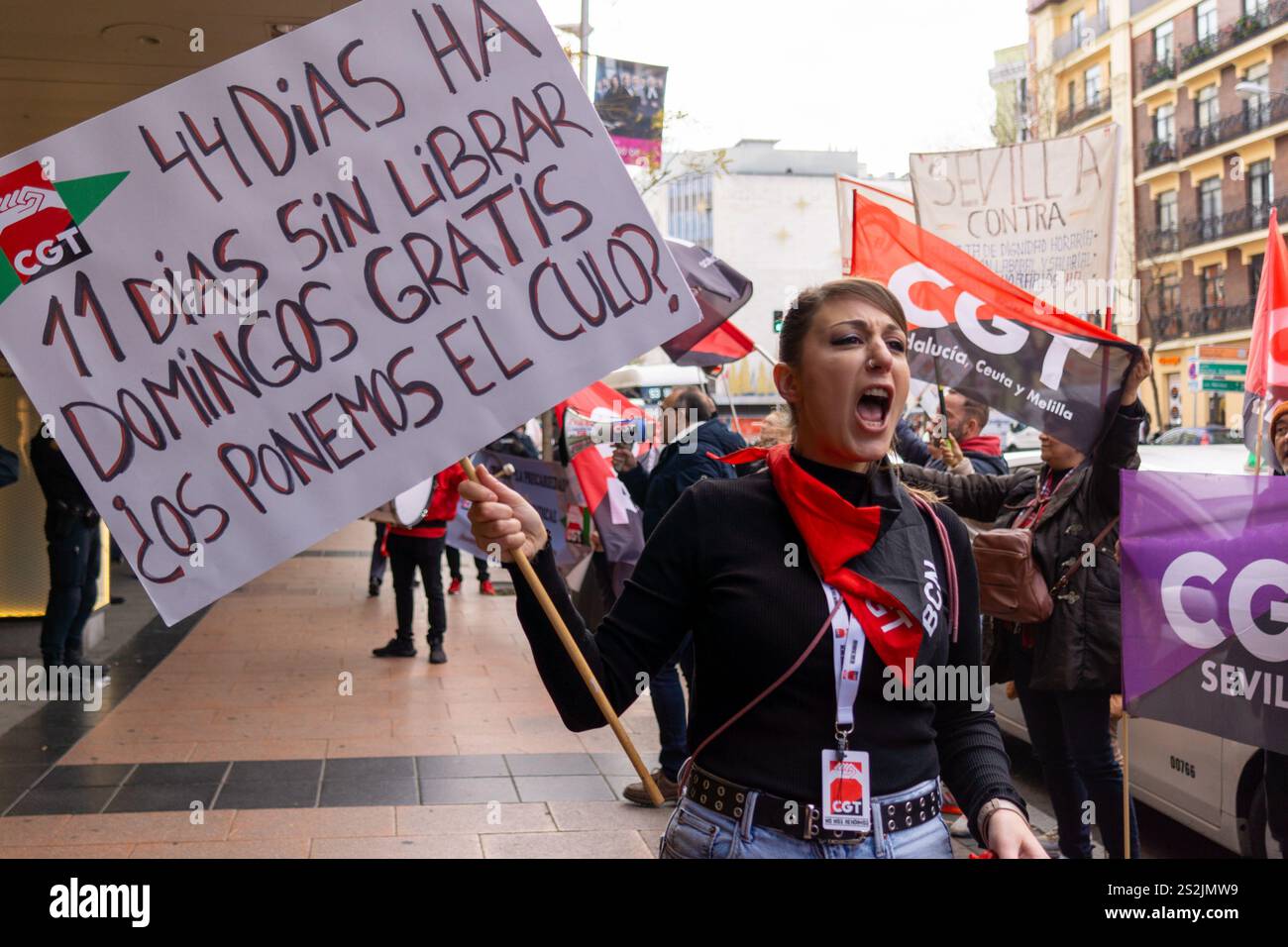 Madrid, Spain. 07th Jan, 2025. A protester chants slogans while holding ...
