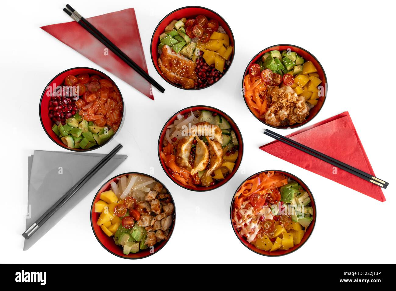 Hawaiian culinary Still Life. Six Poke Bowls with Japanese chopsticks ...