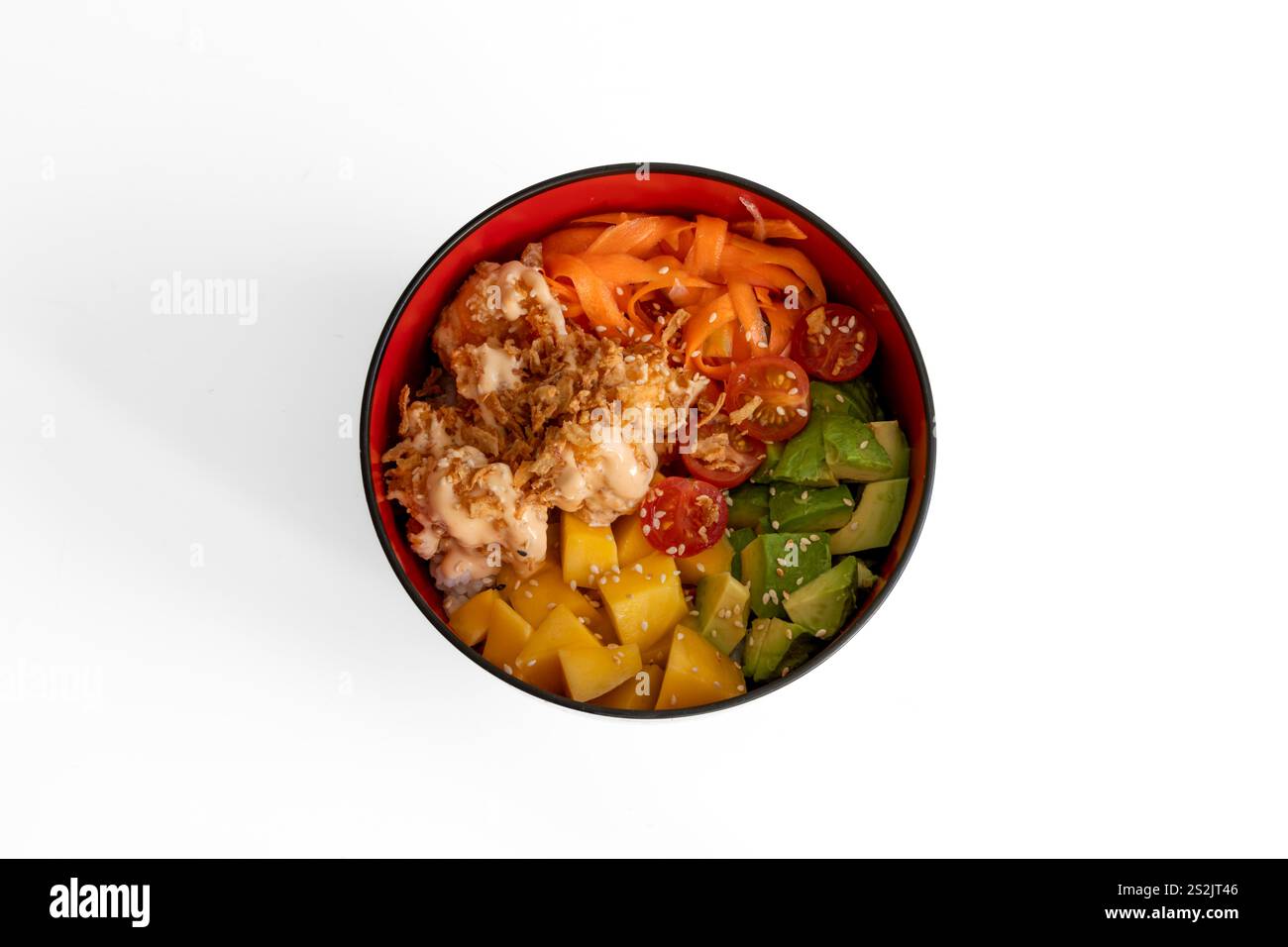 Hawaiian culinary Still Life. A Shrimp Poke Bowl with tomatoes, mango ...