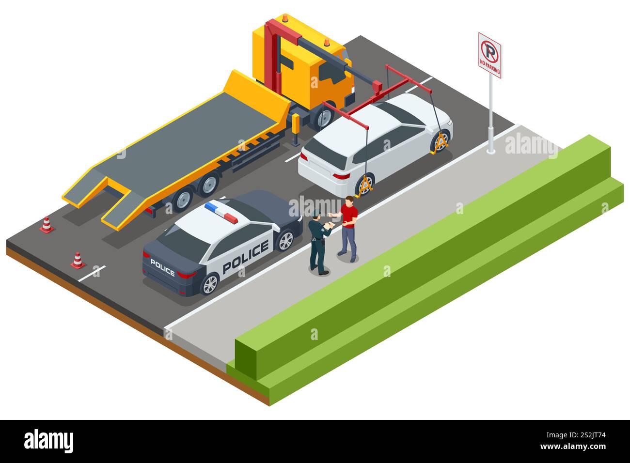 Isometric vector illustration of a tow truck impounding a vehicle while ...