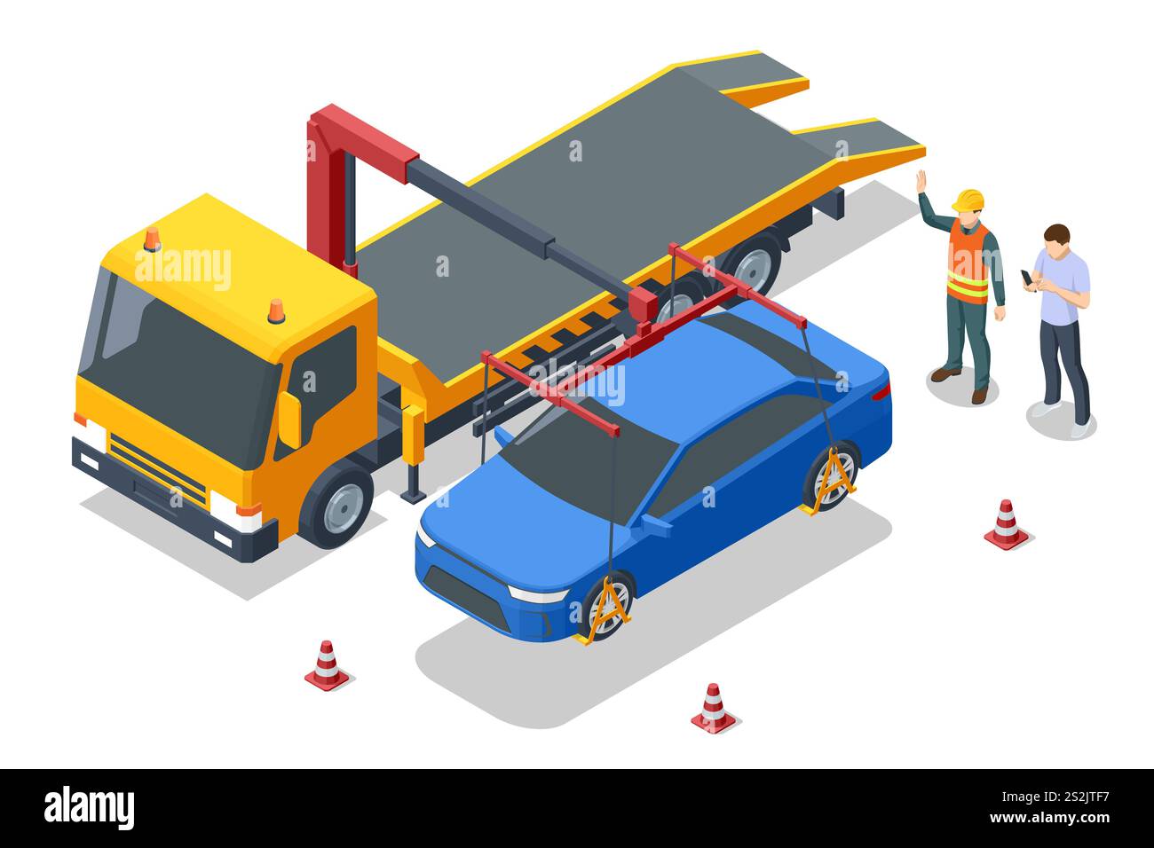 Isometric vector scene of a tow truck lifting a blue car. Workers and ...