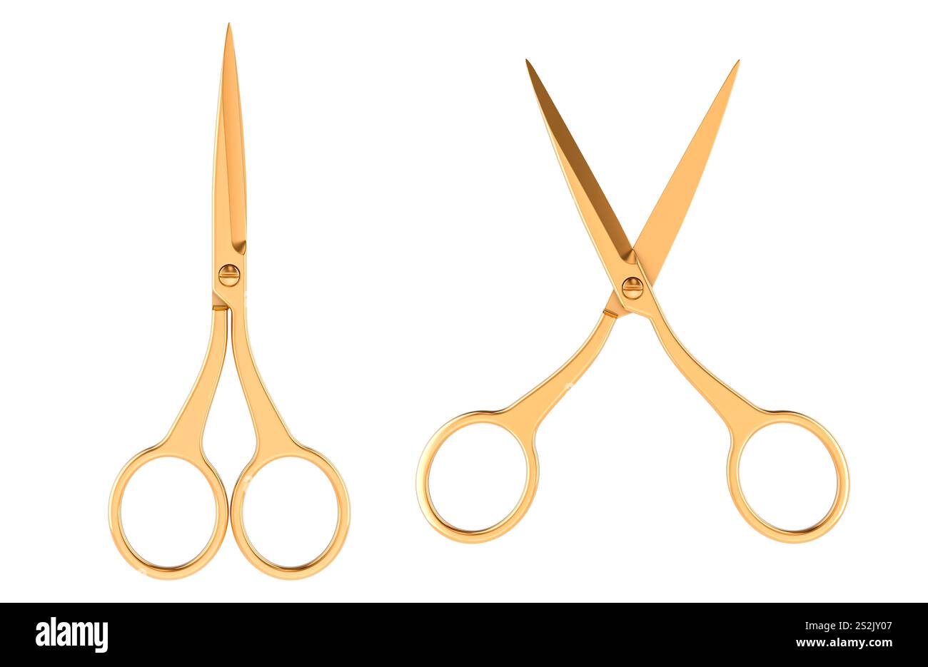 Golden Scissors, opened and closed, top views. 3D rendering isolated on ...