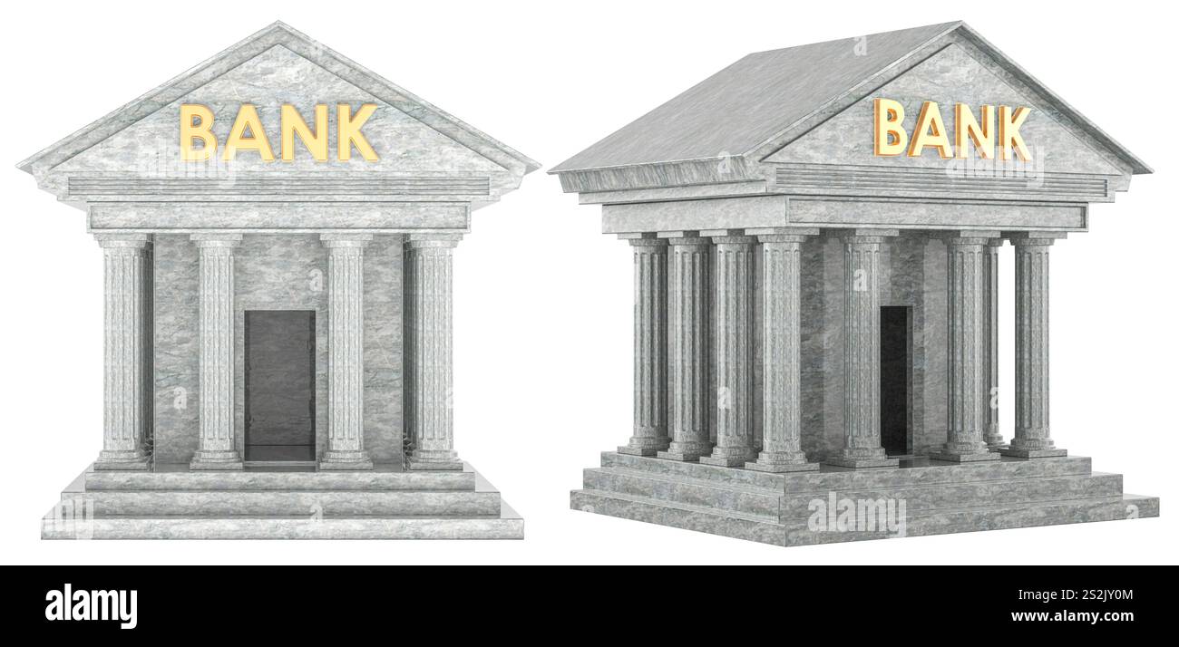 Bank buildings, front and side views. 3D rendering isolated on white ...