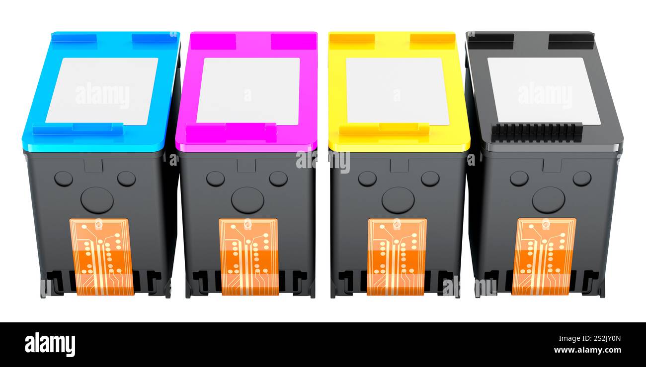 Colored Inkjet Cartridges. CMYK, concept. 3D rendering isolated on ...