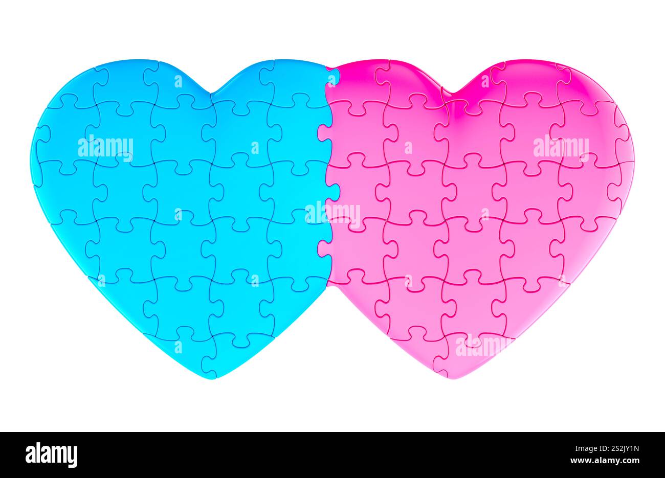 Two Hearts from puzzles connected, 3D rendering isolated on white ...