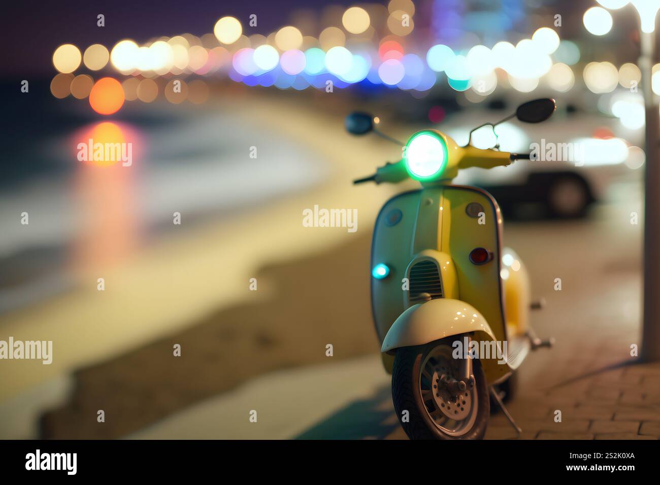 Scooter moped at ocean drive miami beach at night with neon lights from ...