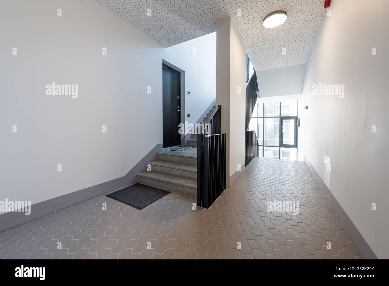 Home Corridor, Entrance Hall. Hallway. Walls, Tiled Floor. LED Light on ...