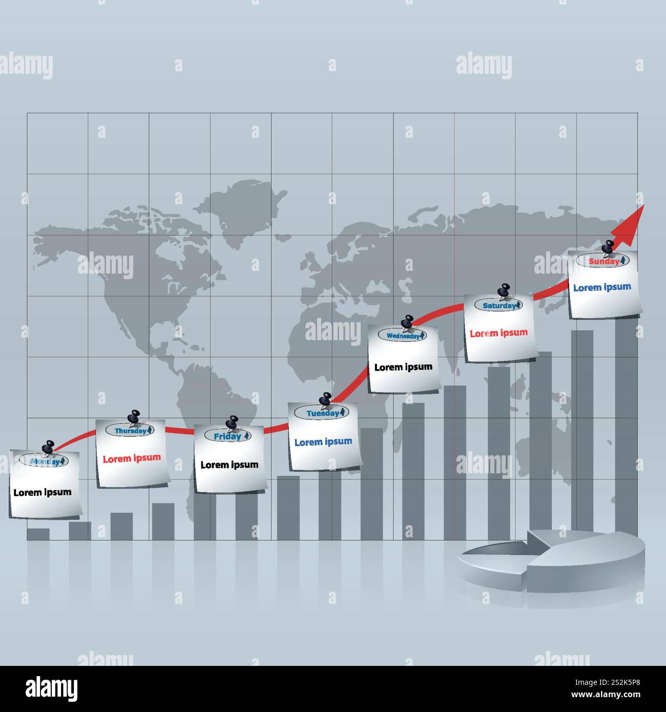 Strategic map with notes week. Business growing graph with red up arrow ...