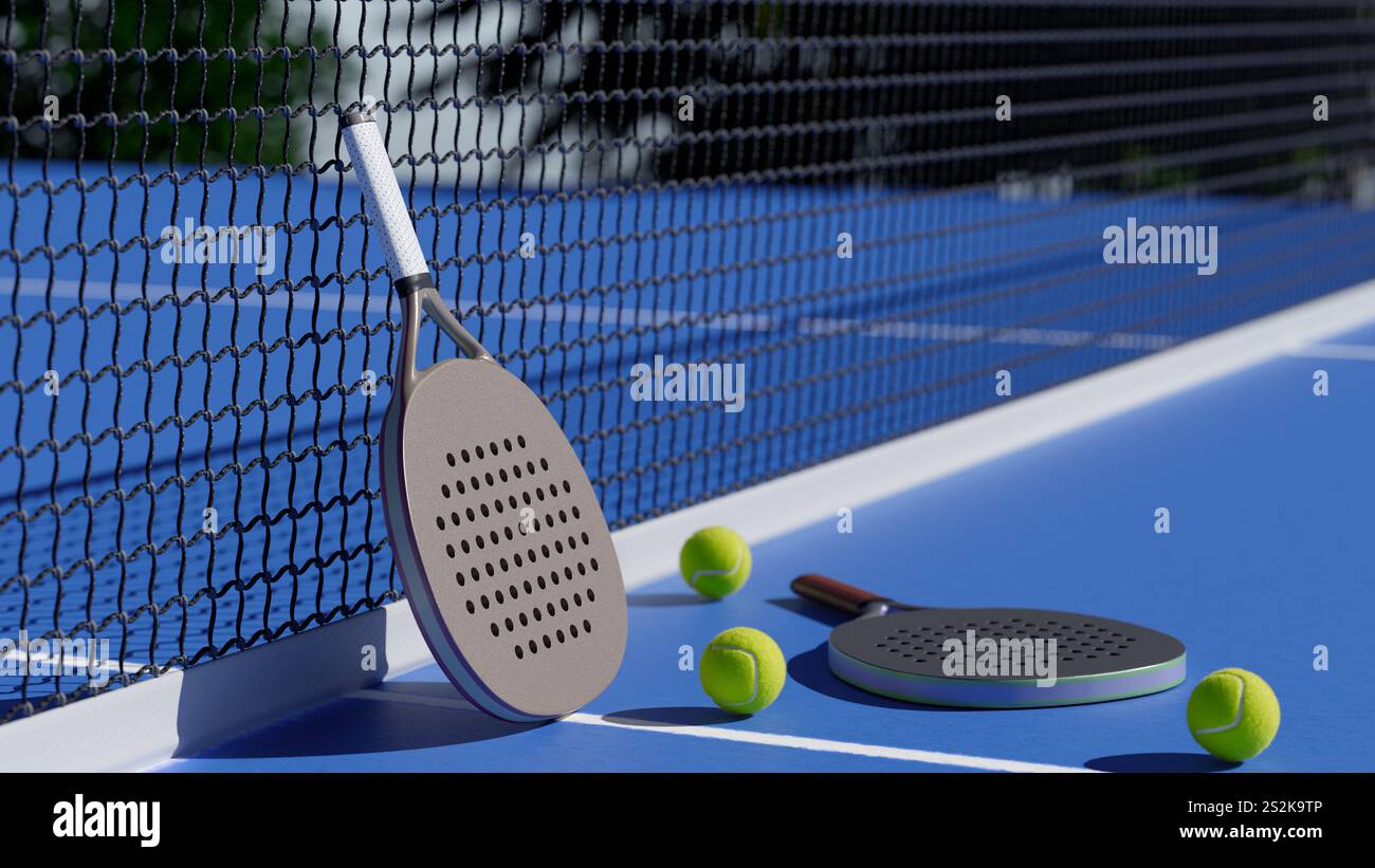A vibrant scene featuring paddles POP tennis and balls on a blue tennis ...