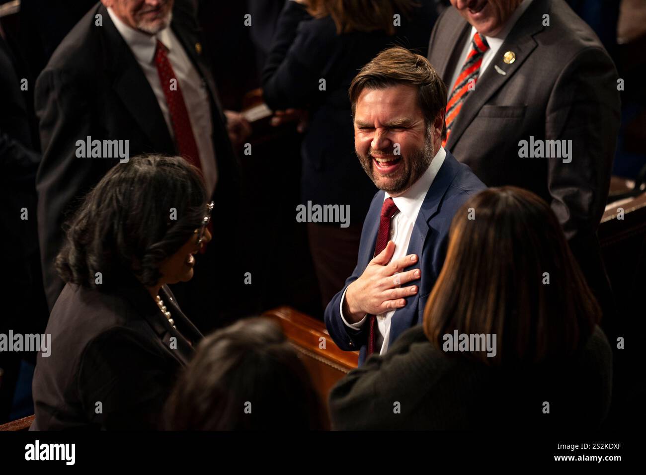Vice-President-elect Sen. J.D. Vance (R-Ohio) laughs with his ...