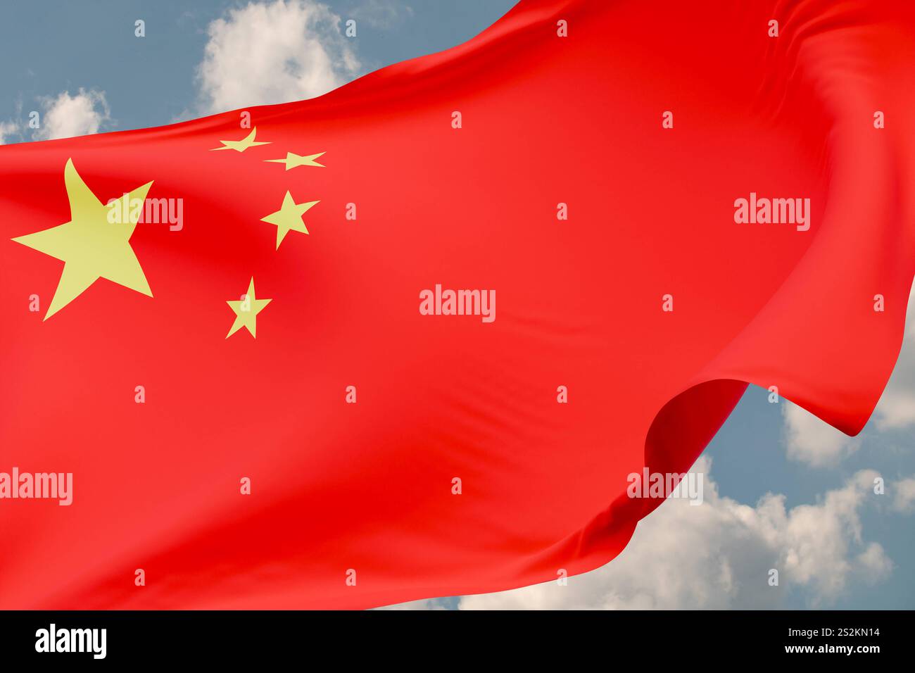 Close up waving flag of China. Close up waving flag of China. Blue sky ...
