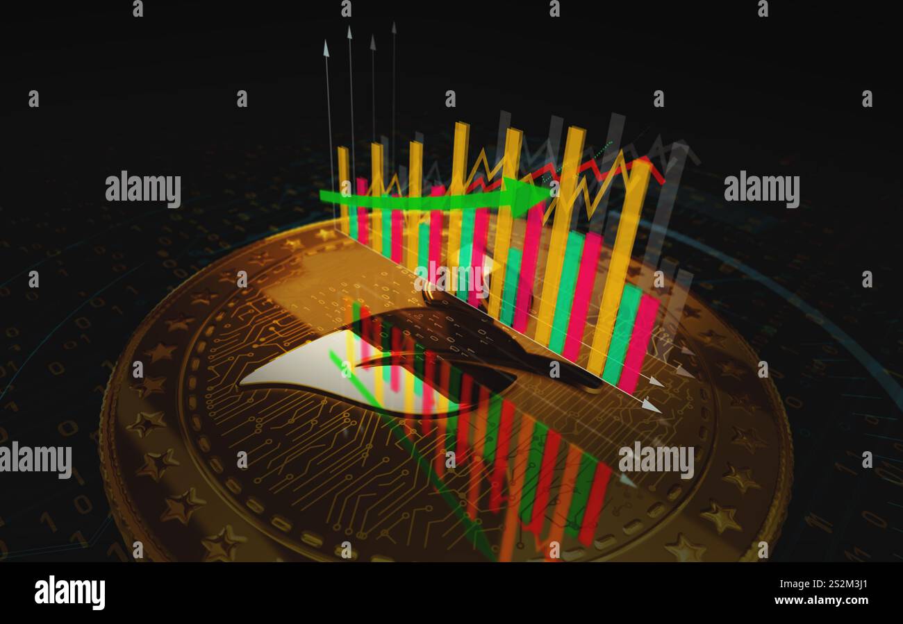 CO2 Neutral and eco friendly golden coin over the chart. Price trend ...