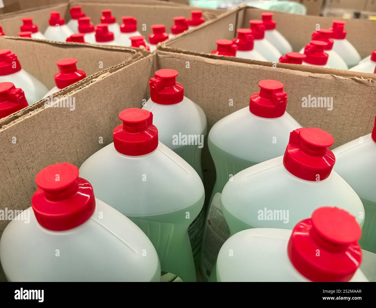 Batches of cleaning solution bottles are organized in cardboard boxes ...