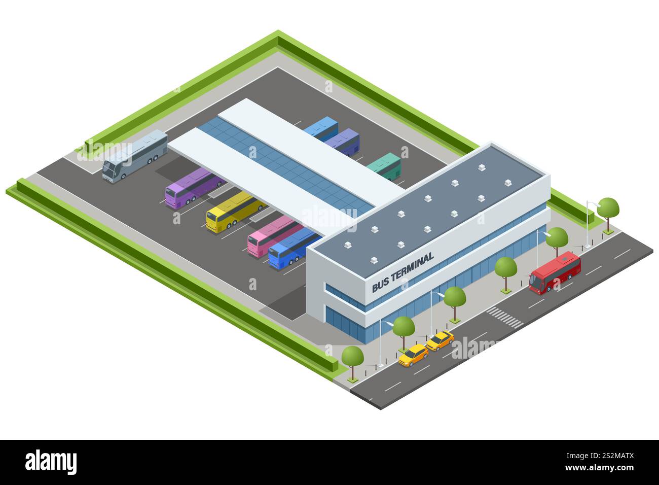 Isometric vector of a modern bus terminal labeled Bus Terminal with ...