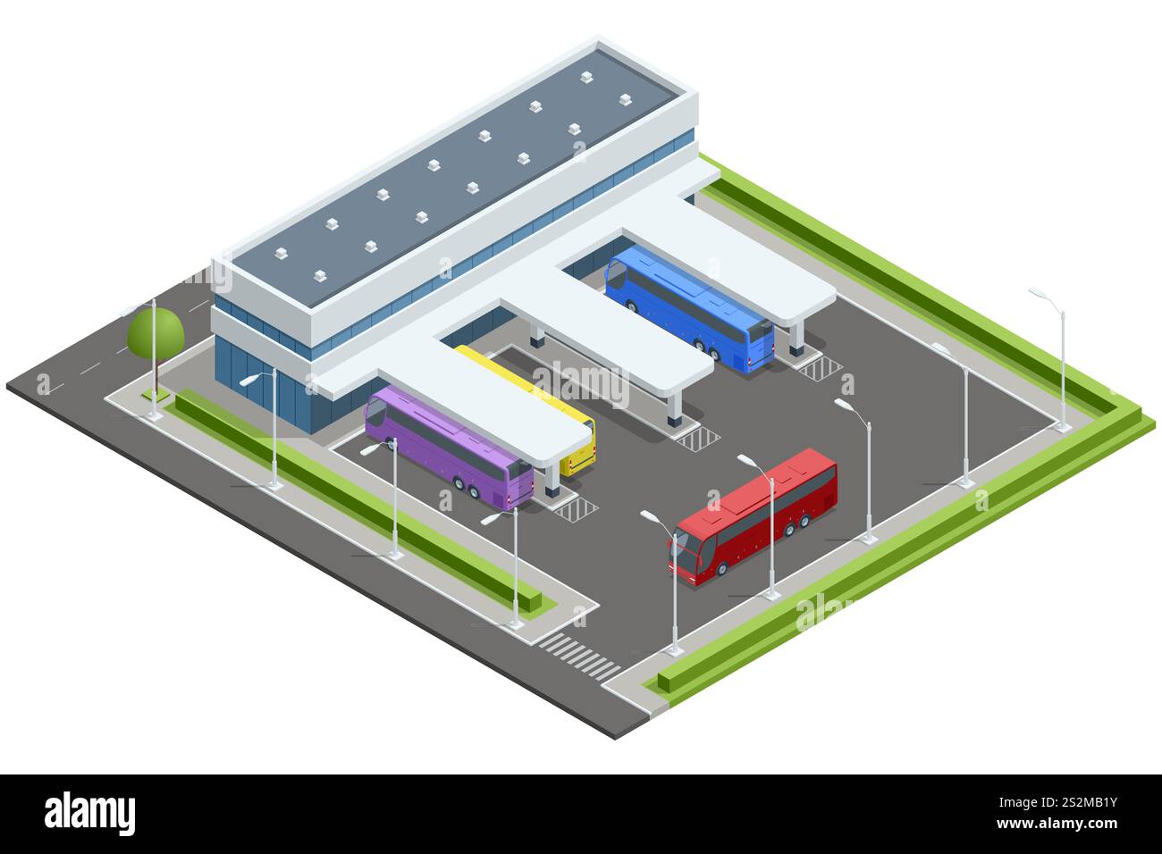 Isometric vector of a modern bus station with parking lanes, colored ...