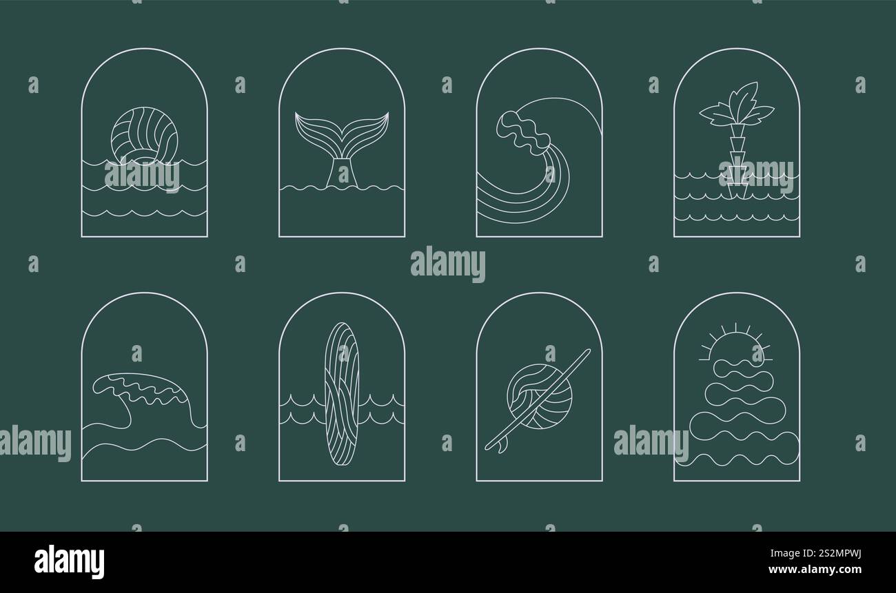 Modern bohemian linear surfing, ocean, sea badge, icon, design. Simple ...