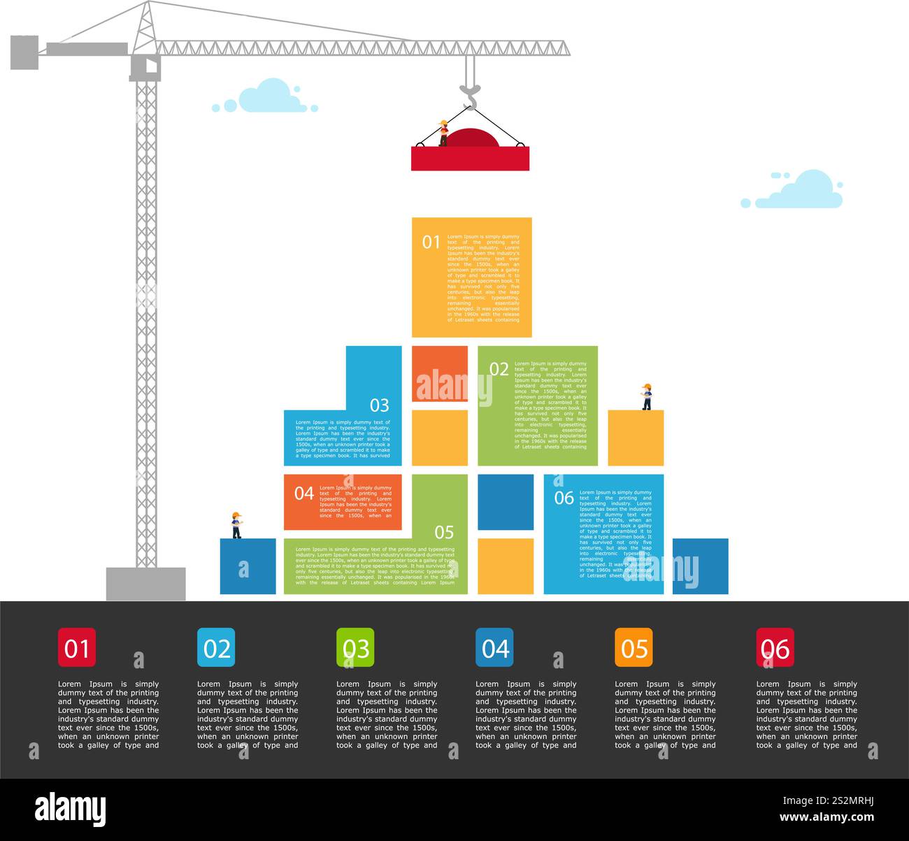 Tower crane made of colored blocks builds city. concept of building ...