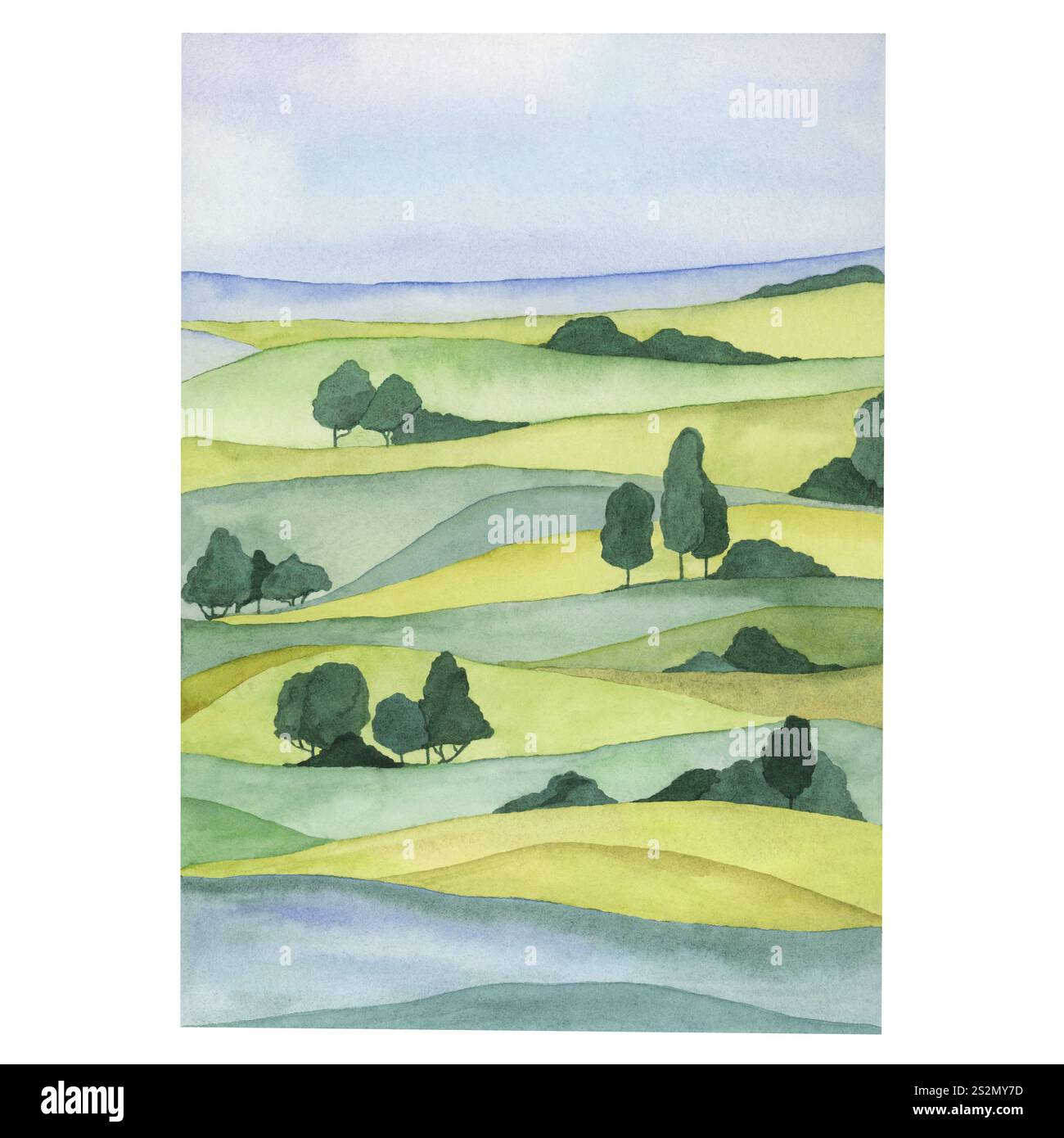 Rolling green hills, trees, and layered fields in soft yellows and ...