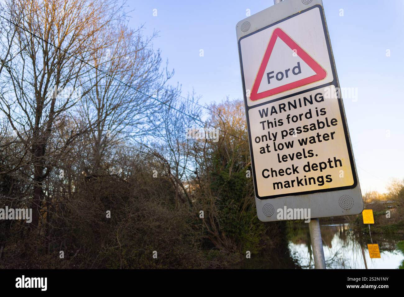 Flood Warning Sign With a Flooded Ford in England, United Kingdom Stock ...