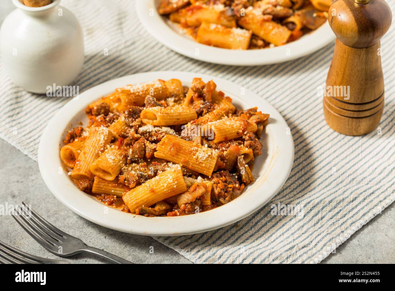 Homemade Mushroom Sausage Ragu Rigatoni Pasta with Cheese Stock Photo ...