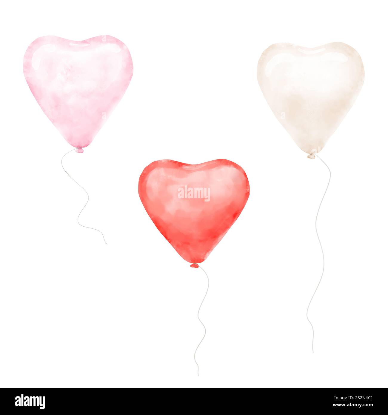Beige and red heart shaped balloons in a bunch. Watercolor digital ...