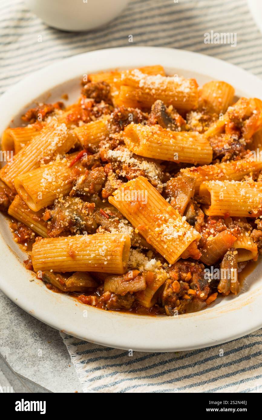 Homemade Mushroom Sausage Ragu Rigatoni Pasta with Cheese Stock Photo ...