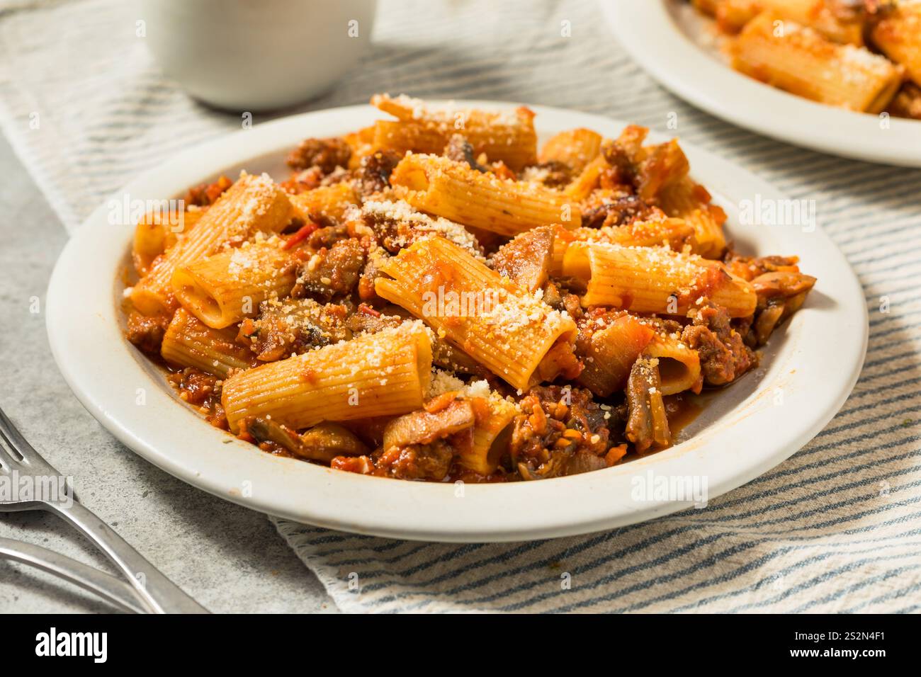 Homemade Mushroom Sausage Ragu Rigatoni Pasta with Cheese Stock Photo ...