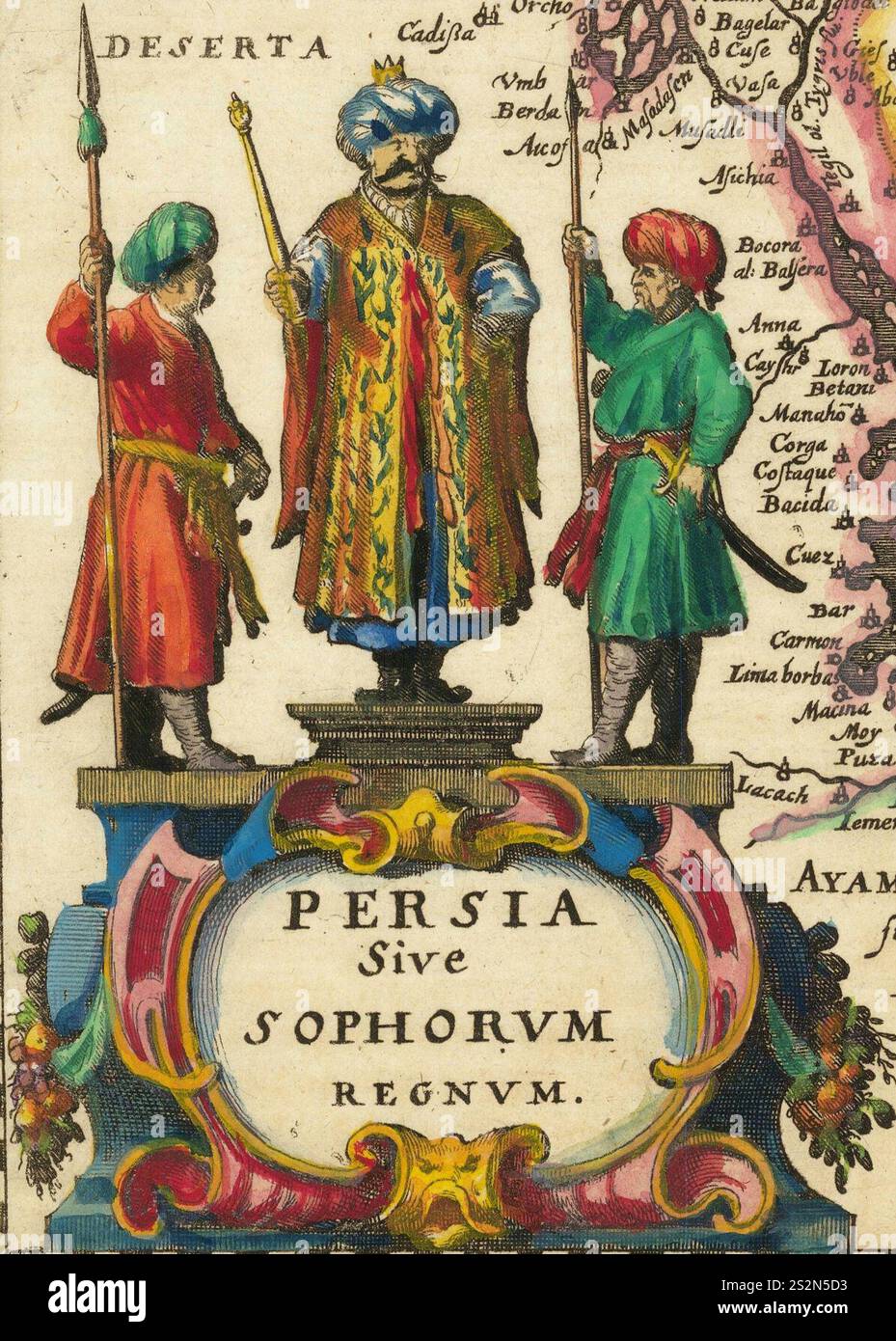 Figurative cartouche in a Persia map by Merian Stock Photo - Alamy