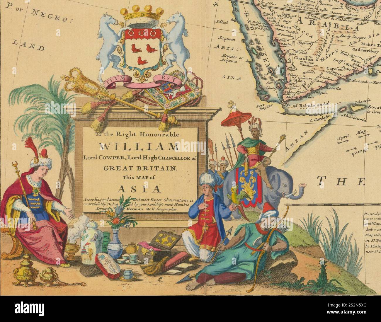 Figurative cartouche on a 1730 map of Asia by Herman Moll (1 Stock ...