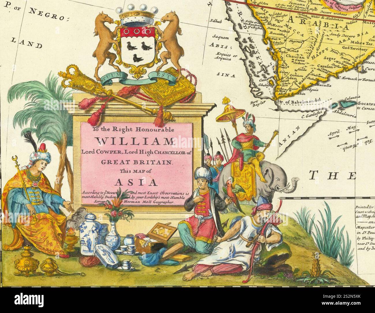 Figurative cartouche on a 1730 map of Asia by Herman Moll (2 Stock ...