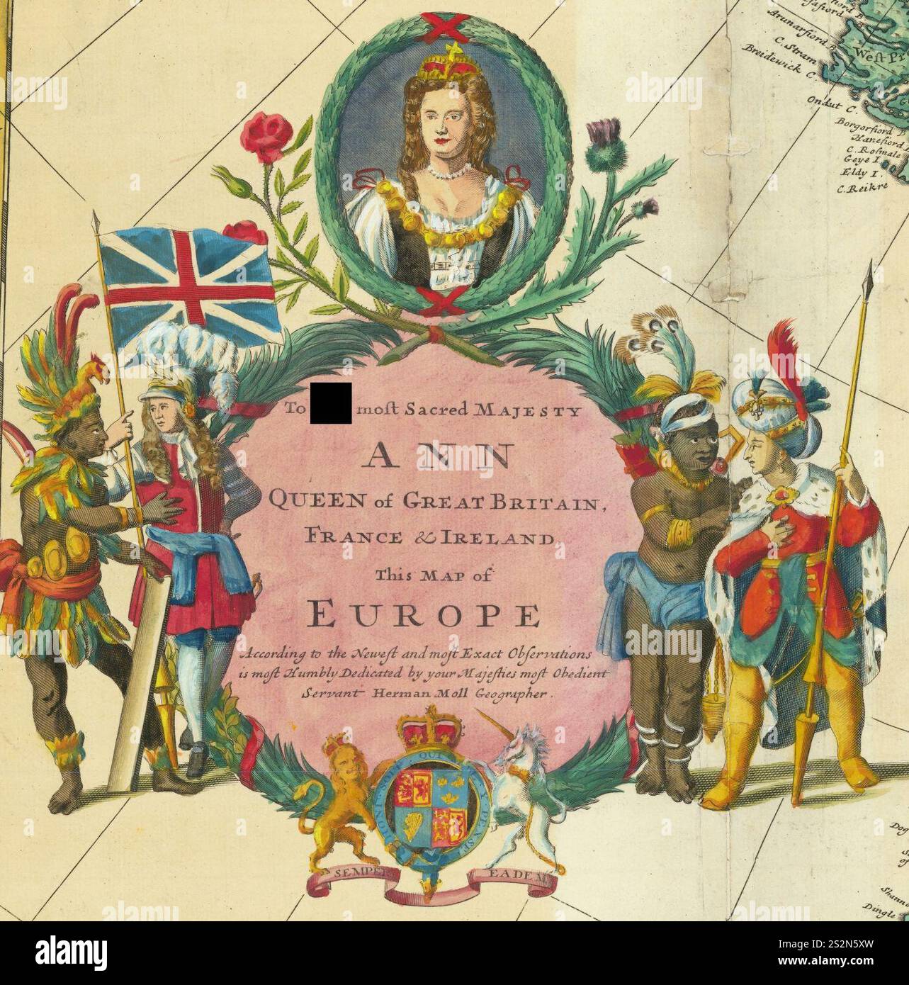 Figurative cartouche on a Europe map by Herman Moll Stock Photo - Alamy