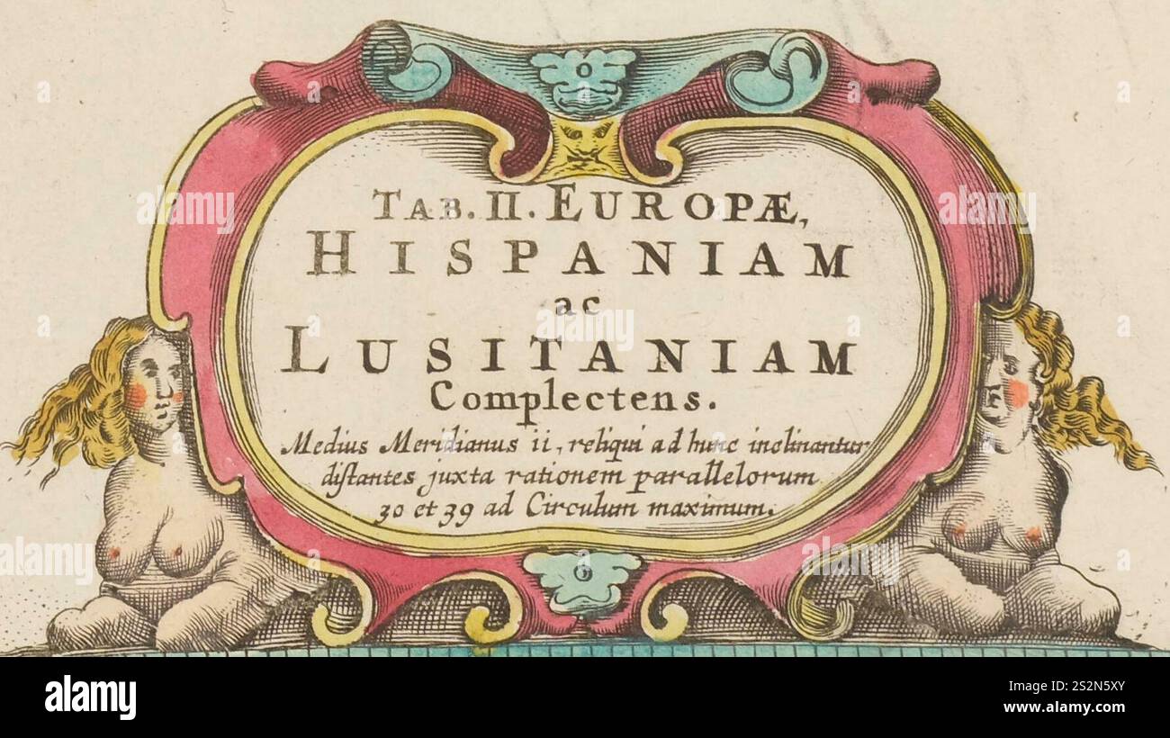 Figurative cartouche on a Hispania map by Mercator Stock Photo - Alamy