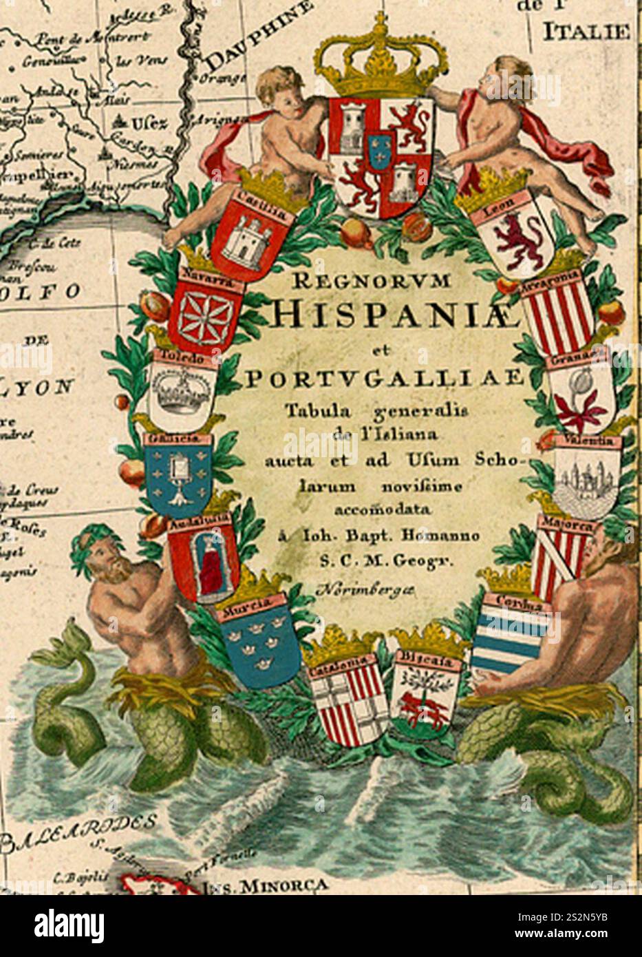 Figurative cartouche on an Iberia map by Homann Stock Photo - Alamy