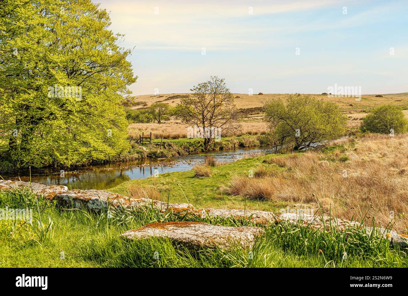 Landscape seen from Two Bridges at the Dartmoor National Park, Devon ...