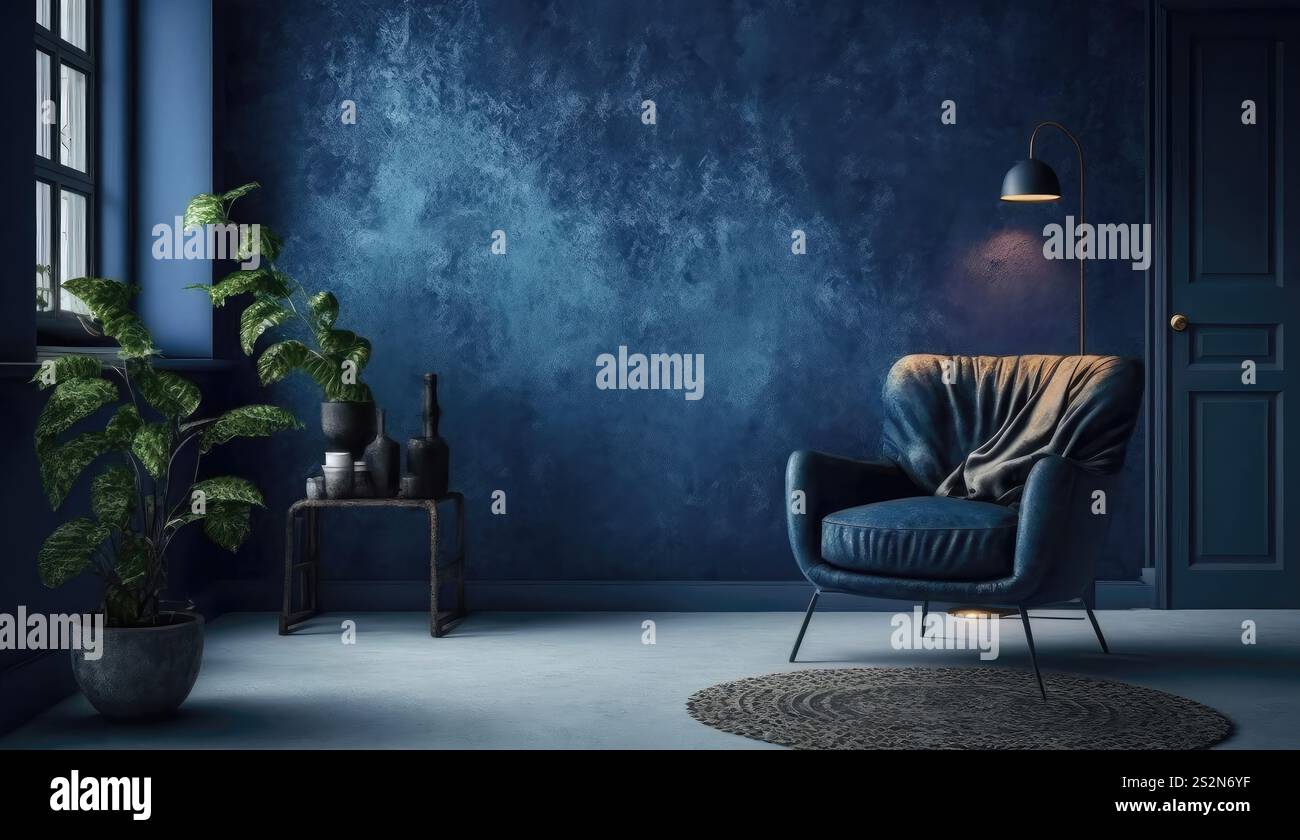 dark blue interior. design modern, background room, floor space, home ...