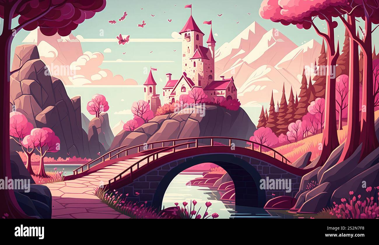 pink fairy tale castle mountain valley. magic cartoon, princess cute ...