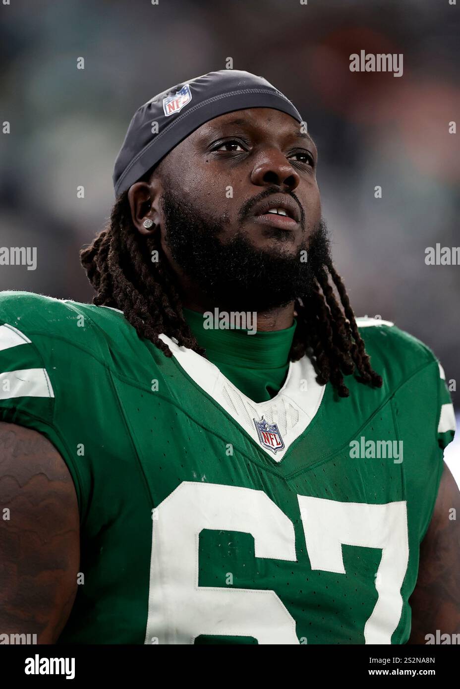 New York Jets offensive tackle Carter Warren (67) reacts during an NFL ...