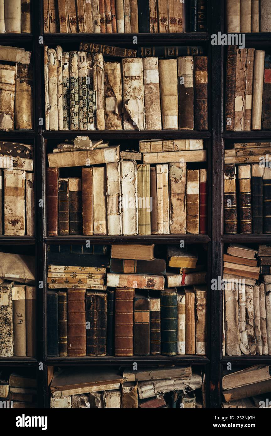 Wooden bookshelf full with old books Stock Photo - Alamy