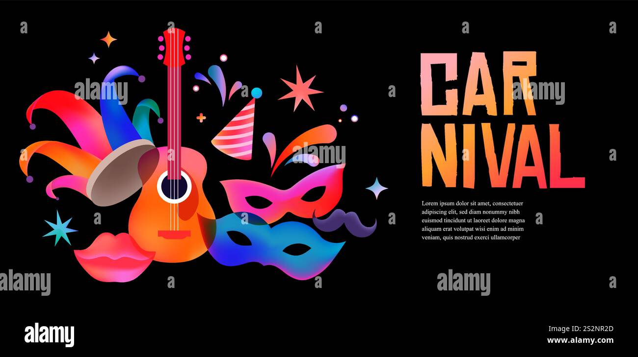 Carnival banner with guitar, masks and jester hat. Colorful vector ...