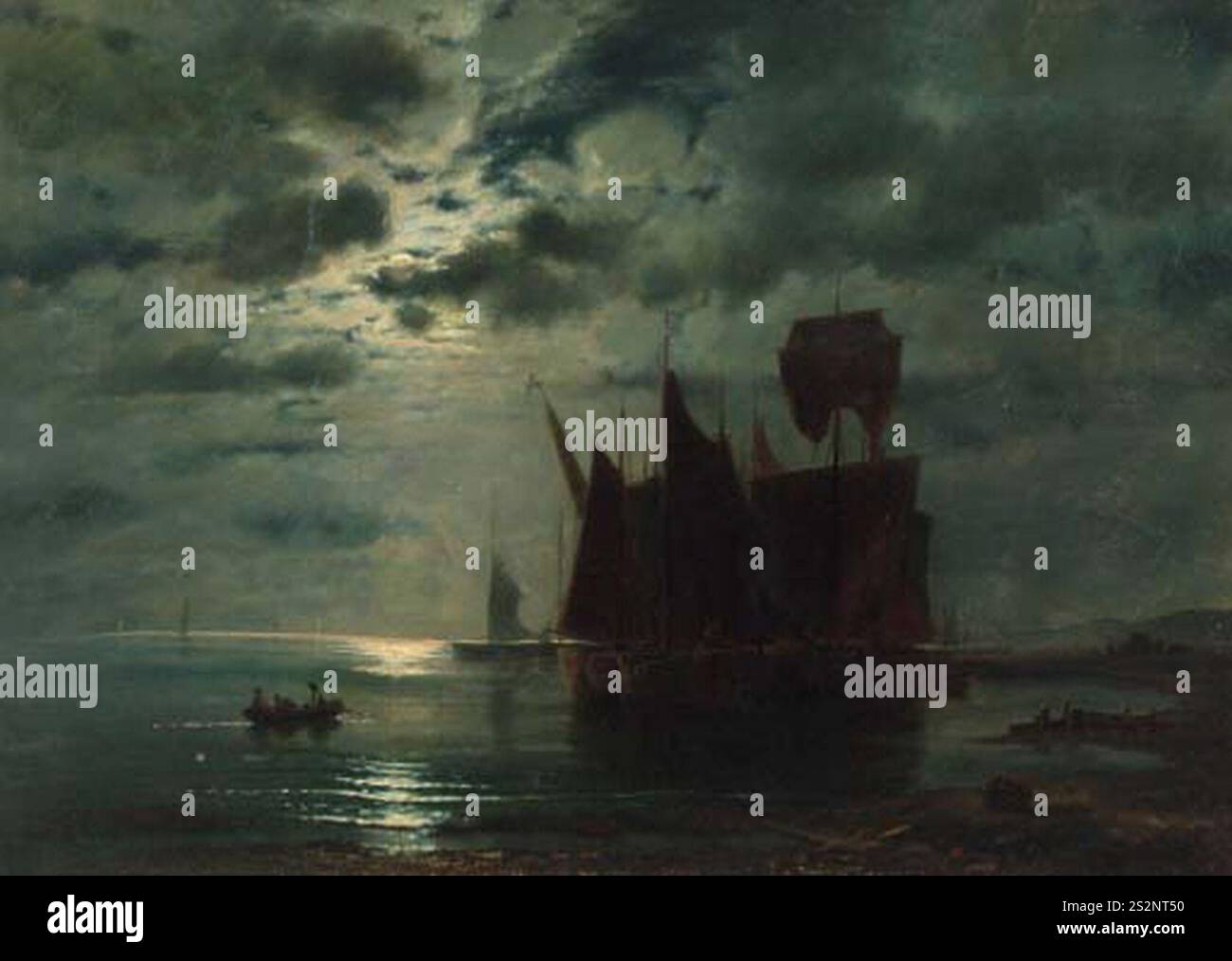 Fishing boats in a harbour by moonlight Stock Photo - Alamy