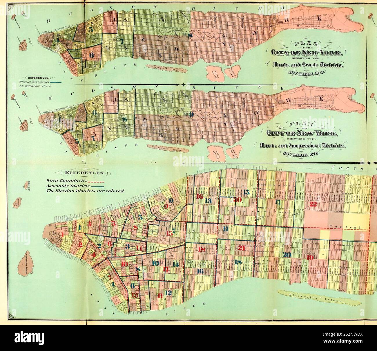 Five maps of Manhattan 1870 (left half Stock Photo - Alamy