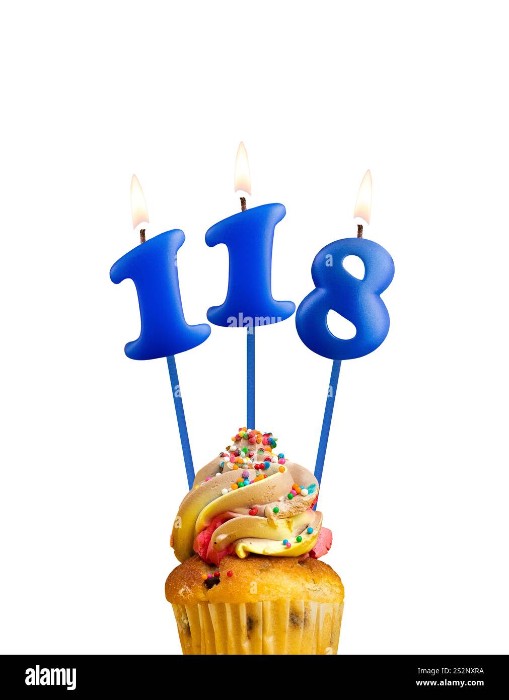 Candle in shape of the number 118 - Blue birthday on a white background ...
