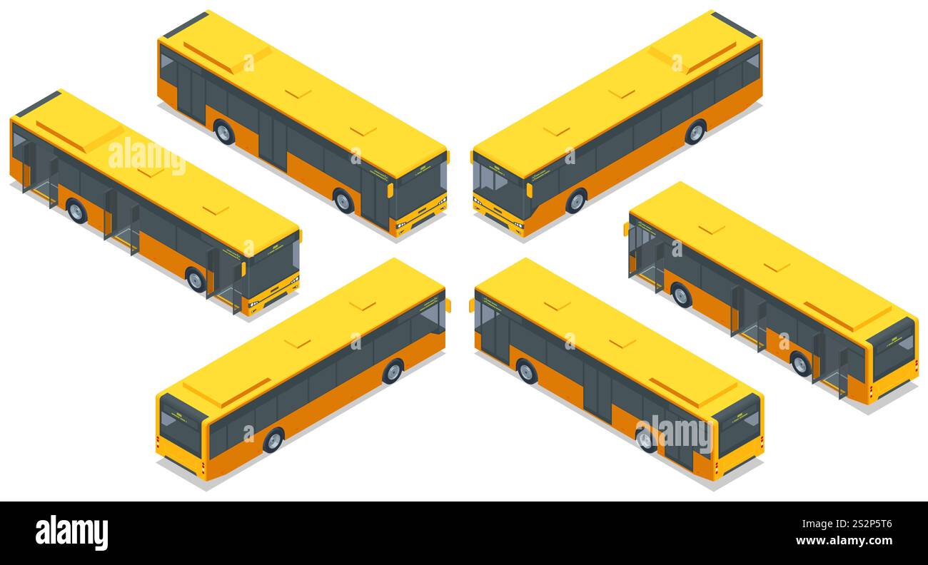 Yellow city buses. Isometric vector image of yellow city buses ...