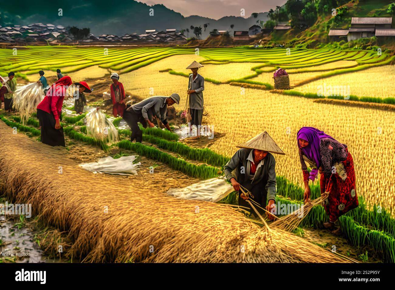 Farmers are planting rice in the farm. Farmers bend to grow rice ...