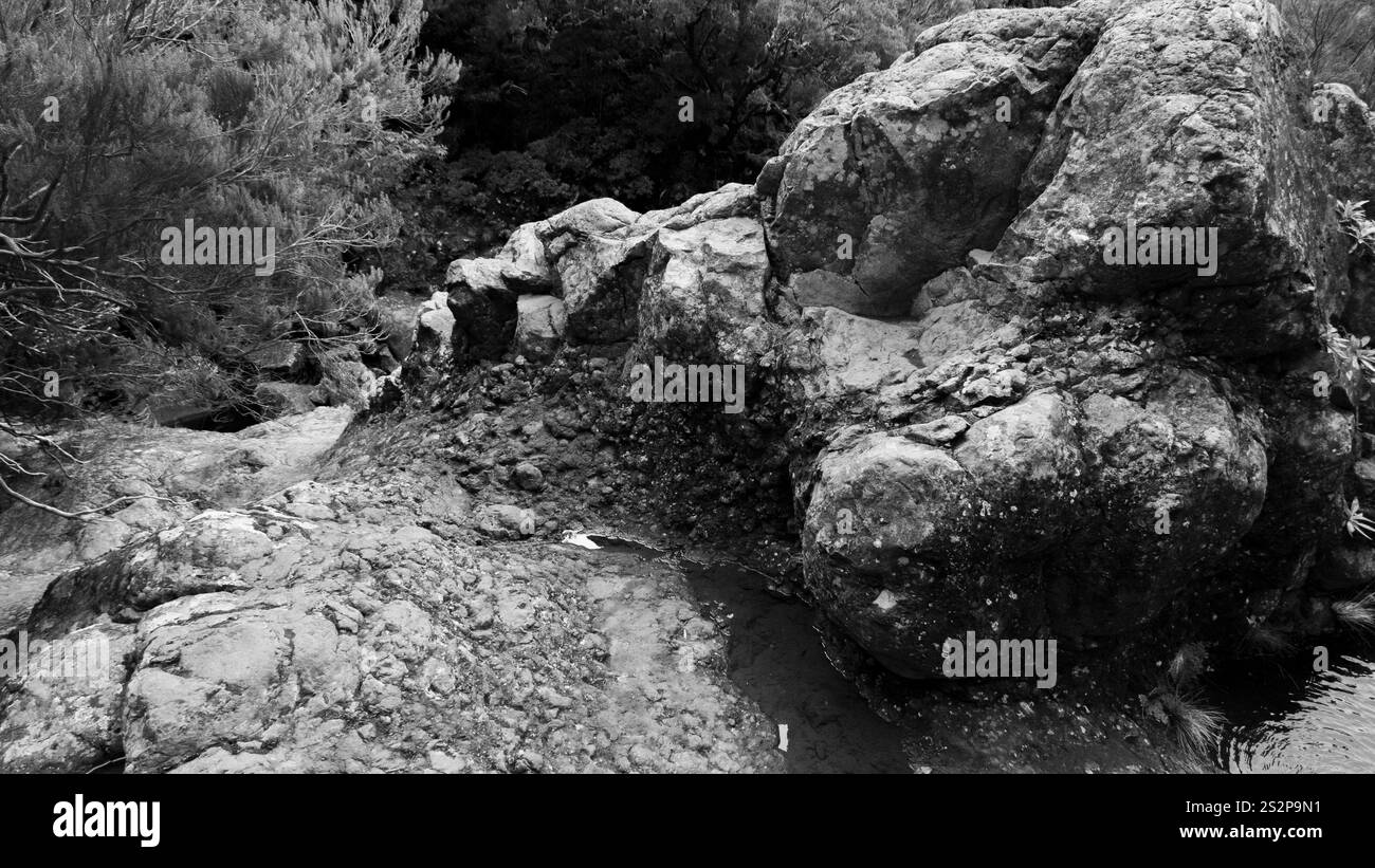 A black and white photograph of rugged rocks and a small water stream ...