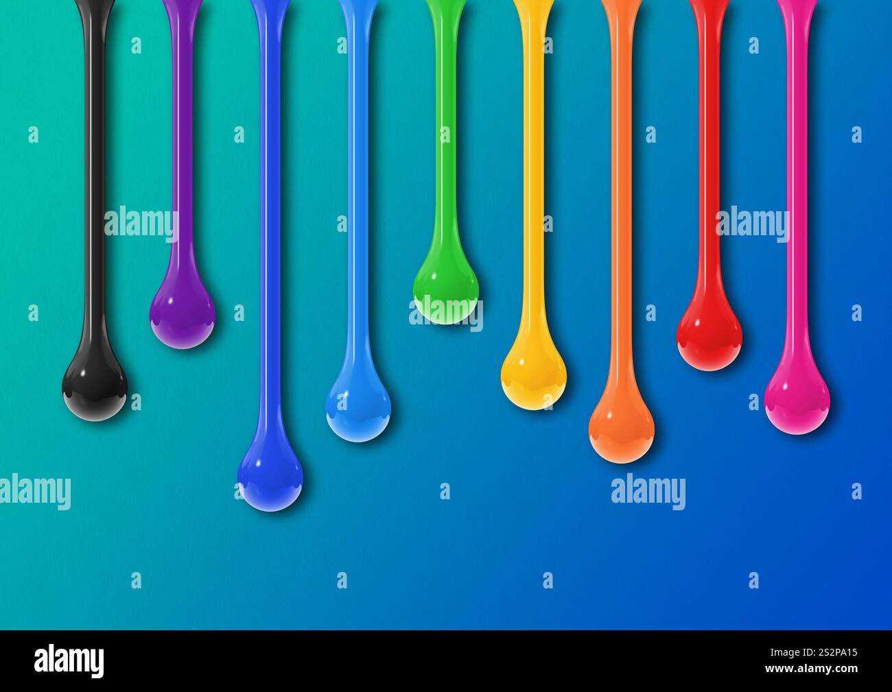 Colorful ink drops isolated on blue background. Horizontal wallpaper ...