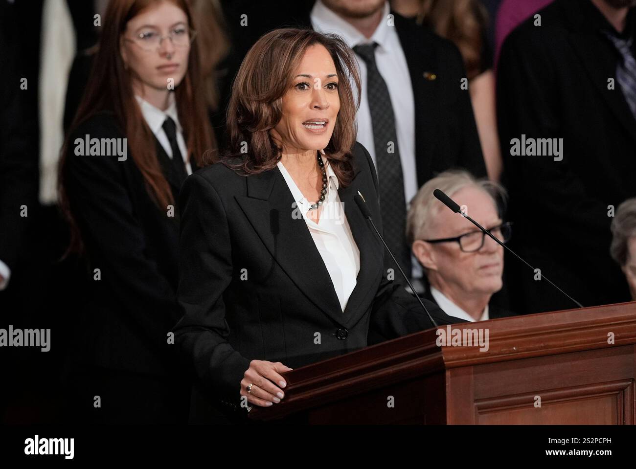 Vice President Kamala Harris speaks during a ceremony for former ...