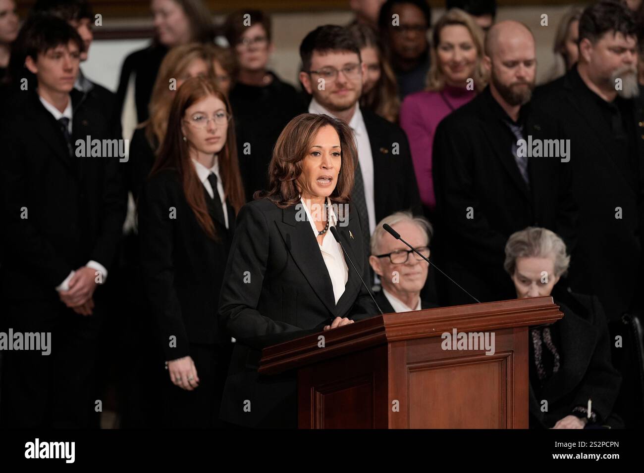 Vice President Kamala Harris speaks during a ceremony for former ...