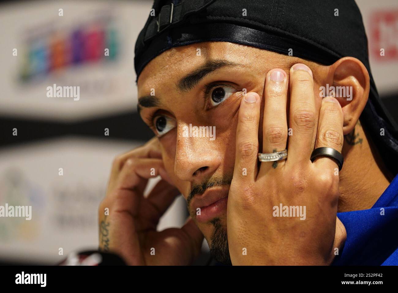 FC Barcelona's Brazilian player Rafinha speaks during the press ...